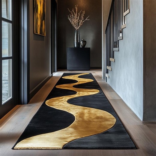Abstract Runner Rug Black-gold Hand Tufted Woolrug Wavy Hallway Carpet - Etsy