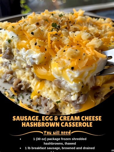 Sausage, 🤠 Egg & Cream Cheese Hashbrown Casserole Ingredients 1 (30 oz) package frozen shredded hashbrowns, thawed 1 lb breakfast sausage, browned and drained 8 large eggs ..... Full Recipe in Coʍmеոτ 💬 🏢 | Tasty Recipes