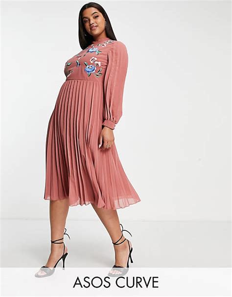 Asos Design Curve High Neck Pleated Long Sleeve Skater Midi Dress With