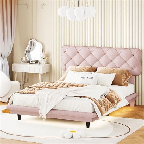 Harper And Bright Designs Pink Wood Frame Full Size Linen Upholstered