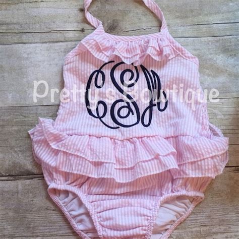 Girls Monogrammed Swimsuit Seersucker Swimsuit Ruffled Etsy