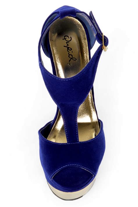 Qupid Count 09 Royal Blue Velvet And Gold T Strap Platform Heels 37 00