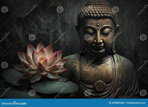 Spiritual Buddha Statue Meditating With Lotus Flower Buddhist Religion