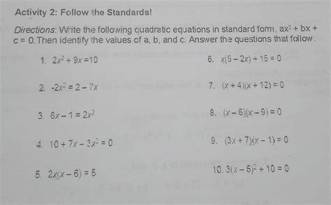 Write The Following Quadratic Equations In Standard Form Ax² Bx C 0