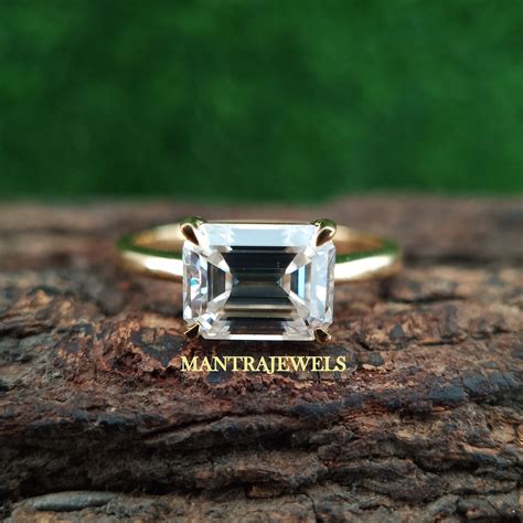 Emerald Cut Moissanite Engagement Ring East West Setting 14k Etsy