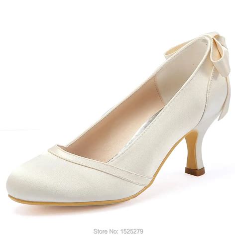 Hc1804 Women Wedding Shoes Mid Heel White Ivory Bows Satin Round Closed