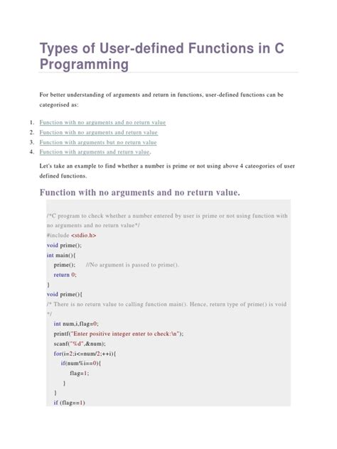 c programming types of user defined functions subroutine integer