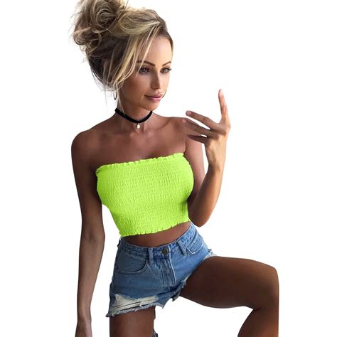 Buy Women Crop Top Solid Strapless Bandeau Elastic