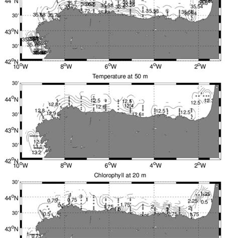 Horizontal Distributions Of Salinity And Temperature At 50 M Depth And