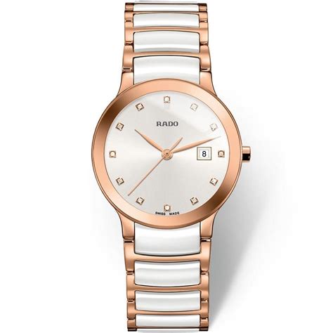 Rado Ladies Rose And White Ceramic Centrix Diamond Watch Watches From