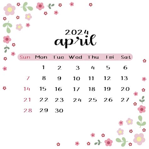 2024년 4월 달력 귀여운 핑크색 꽃 2024년 월간 달력 4월 달력 Png 일러스트 및 Psd 이미지 무료 다운로드