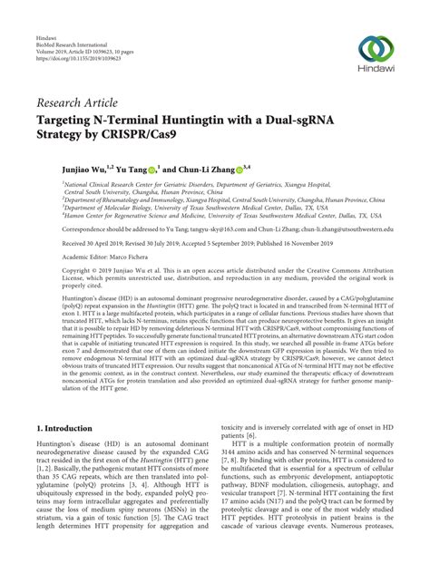 Pdf Targeting N Terminal Huntingtin With A Dual Sgrna Strategy By