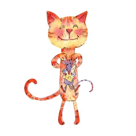 Cartoon Gember Kat Met Muis Hand Getekende Aquarel Vectorillustratie