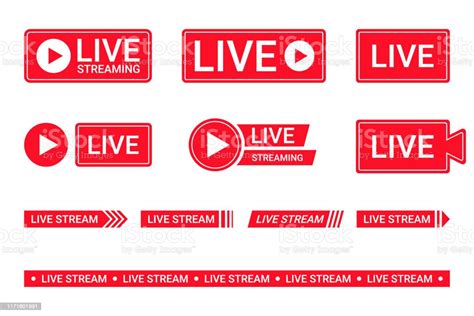 set of live streaming icons red symbols and buttons of live streaming