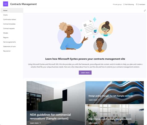 use the contracts management team site template powered by microsoft