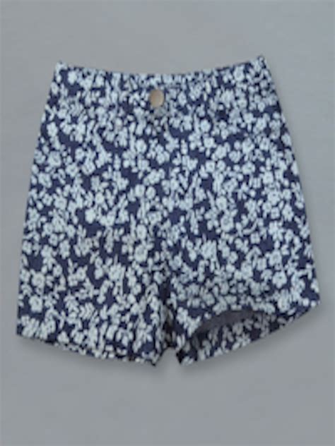 Buy A T U N Girls Navy Blue Floral Printed Denim Hot Pants Shorts