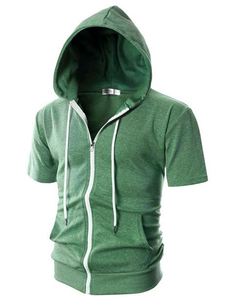 Ohoo Mens Slim Fit Short Sleeve Lightweight Zip Up Hoodie With Kanga