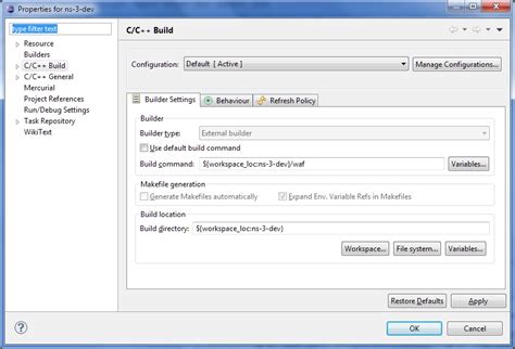 how to configure eclipse cdt to use waf for ns3 build stack overflow