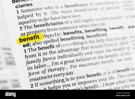 Highlighted English Word Benefit And Its Definition At The Dictionary
