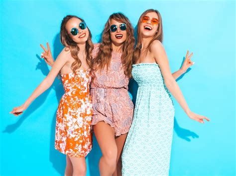 Free Photo Three Young Beautiful Smiling Girls In Trendy Summer