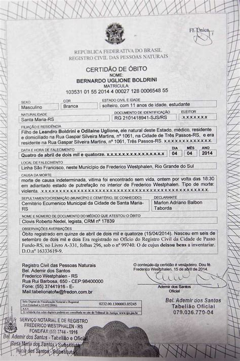 Rs Atestado De óbito Diz Que Bernardo Morreu No Dia 4