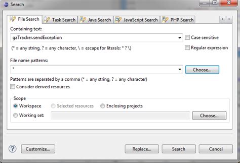 eclipse file search regex to include search phrase and exclude
