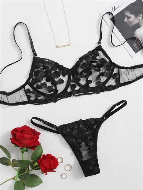 Embroidery Floral Lace Matching Lingerie Set Sexy Bra Semi Sheer Thong