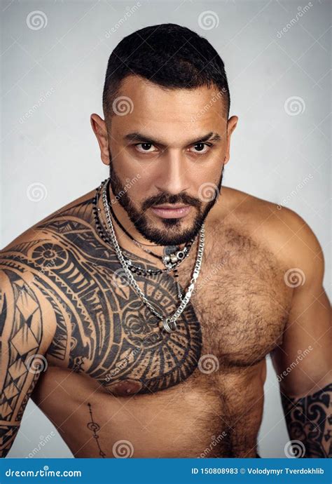 Abs Of Tattoo Man Male Fashion Muscular Macho Man With Athletic Body