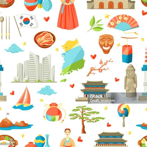 Südkorea Musterdesign Koreanische Traditionelle Symbole Und Objekte
