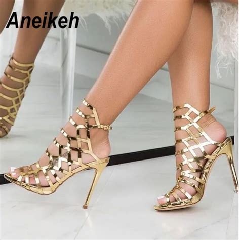 Aneikeh Patent Leather Gladiator Golden Sexy Hollow Out Sandals Party