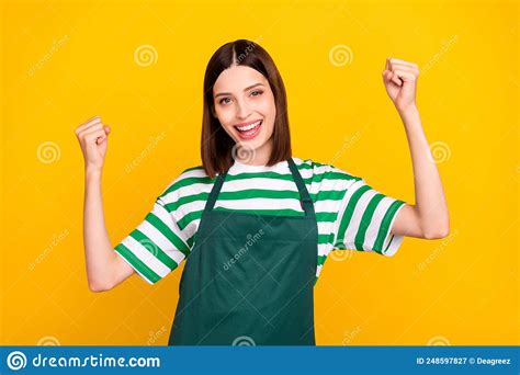 Photo Of Hooray Brunette Millennial Housewife Lady Hands Fists Wear