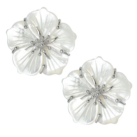 Ladies Shipton And Co Silver And Carved Mother Of Pearl Flower Earrings