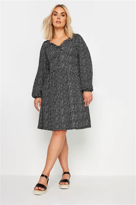 Yours Plus Size Black Ditsy Floral Print Textured Midi Dress Yours