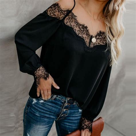 Spaghetti Straps Lace Patchwork Long Sleeve Blouses Long Sleeve