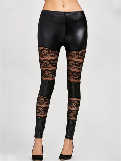 [17 Off] 2021 Lace Insert Pu Leather Leggings In Black Dresslily