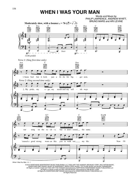 Bruno Mars When I Was Your Man Sheet Music Download Printable Rock