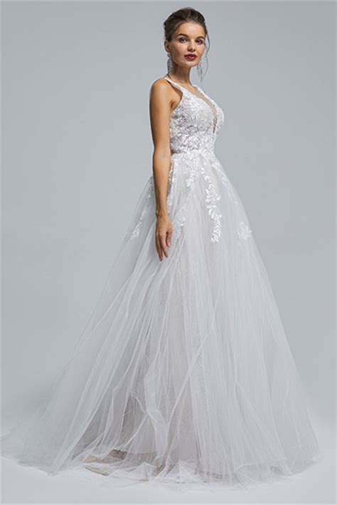 Tulle A Line Sheer Straps V Neck Applique Floor Length Sleeveless Wedd