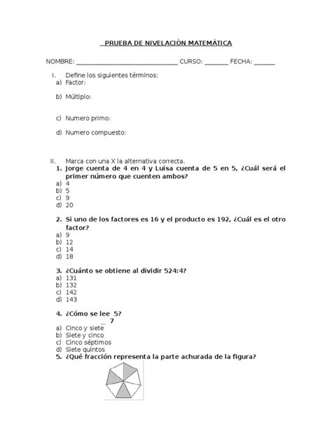 Prueba De Nivelación Matemática Pdf