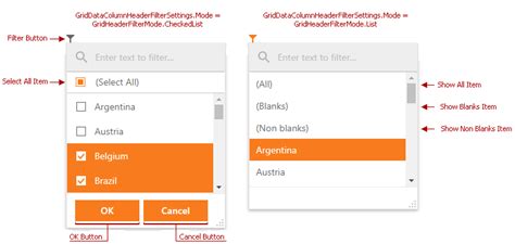 header filter asp web forms controls devexpress documentation