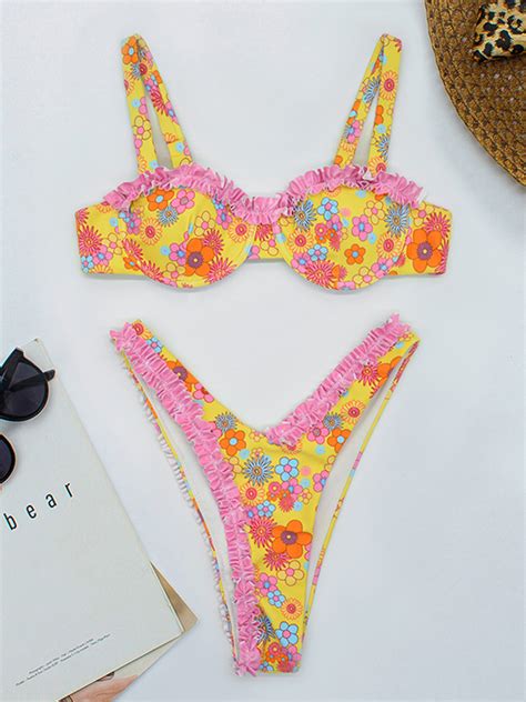 Biqiuyyi Brazilian Sexy Underwire Push Up Bra Bikini Set Summer Floral