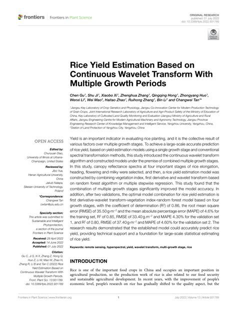 Pdf Rice Yield Estimation Based On Continuous Wavelet Transform With