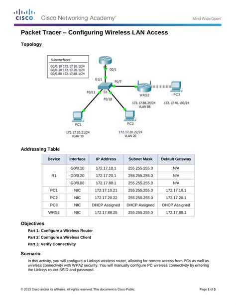 Pdf Packet Tracer Configuring Wireless Lan Accesslearn Acadnet Ro
