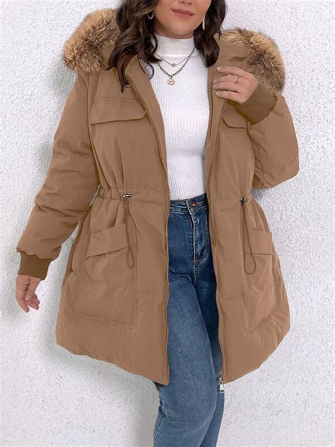 Plus Drawstring Waist Fuzzy Trim Hooded Parka Coat Shein Usa