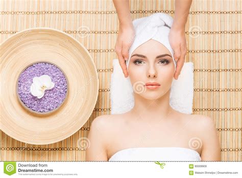 Beautiful Young And Healthy Woman On Bamboo Mat In Spa Salon Ha Stock