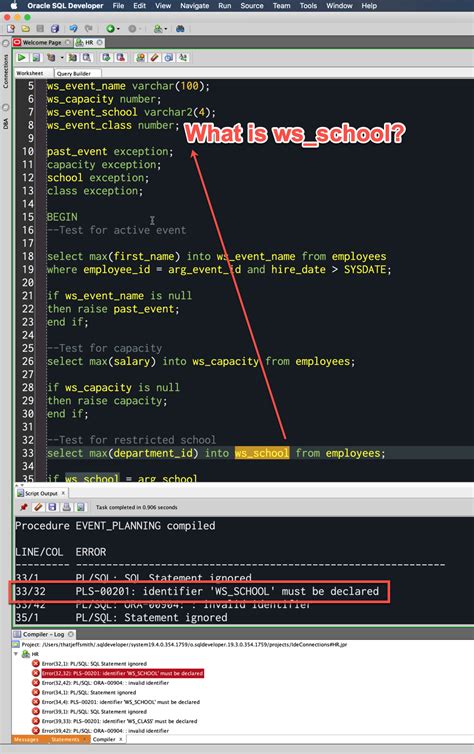 oracle sql stored procedure invalid identifier stack