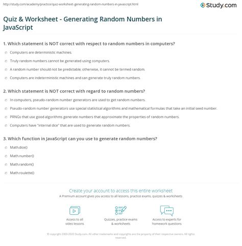 quiz and worksheet generating random numbers in javascript