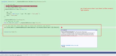 when i used efcore to filter the database json type field an error