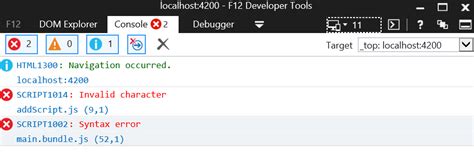 javascript script1014 and script1002 error in angular4 application