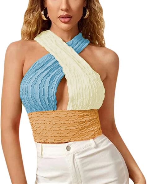 Women Criss Cross Halter Crop Top Sexy Patchwork Backless Sleeveless