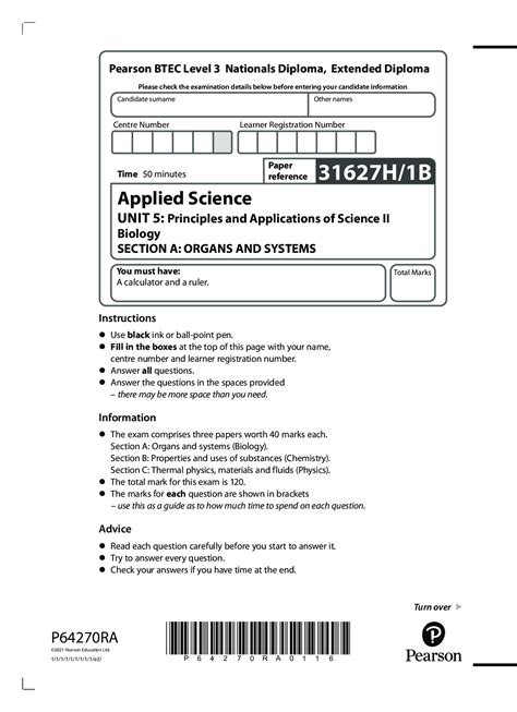 Pearson Btec Nationals In Applied Science 31627h1b Unit 5 Principles